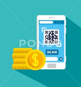 Scan qr code with smartphone and pile coins Illustration #125926512
