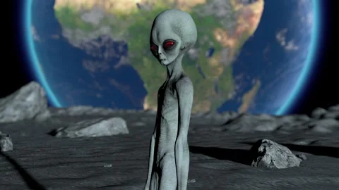 Scary gray alien stands on the moon and ... | Stock Video | Pond5