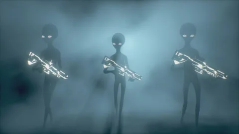 Scary gray aliens with weapons in their ... | Stock Video | Pond5