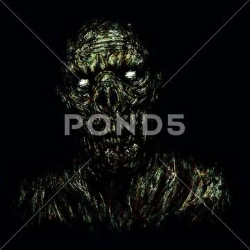 Scary green zombie apocalyptic face. Black background ~ Clip Art #95410703