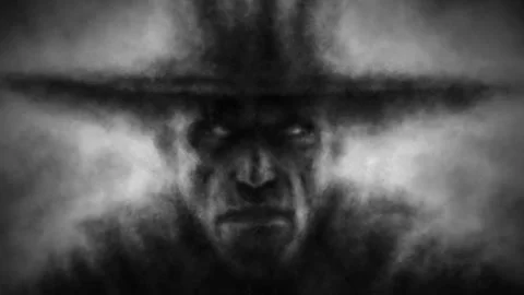 Scary male face in big hat. Evil ghost 2... | Stock Video | Pond5