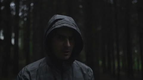 Scary Mysterious Man In Forest Talking T... | Stock Video | Pond5