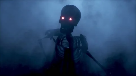 Scary skeleton with glowing eyes is craw... | Stock Video | Pond5