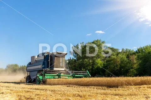Scenic front view Big powerful industrial combine harvester machine ...