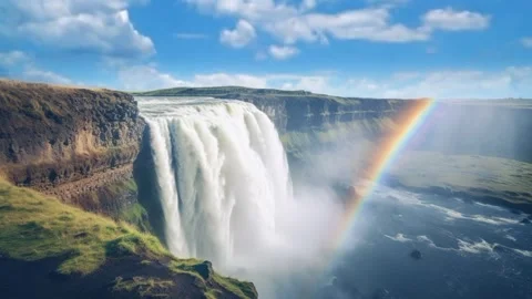 Scenic view of waterfall and rainbow. Lo... | Stock Video | Pond5