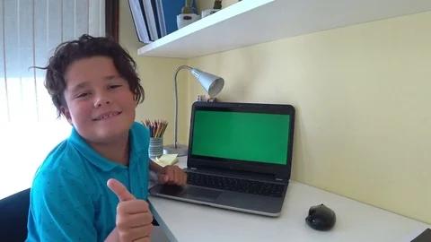 Schhool boy with green screen laptop mon... | Stock Video | Pond5