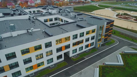 School building with flat roof and large... | Stock Video | Pond5