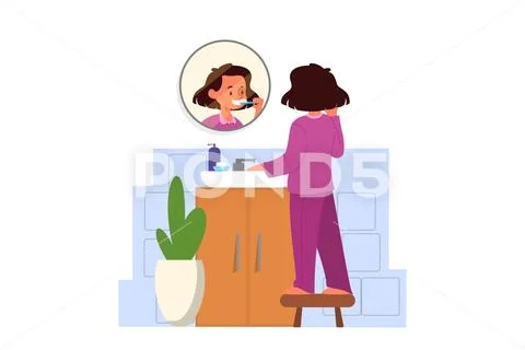 School girl schedule concept. Little girl standing in the bathroom ...