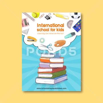 School poster design with books, scissors, palette watercolor ...