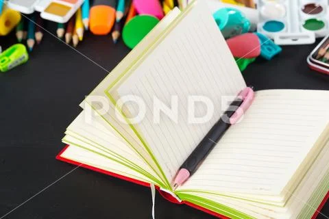 School supplies bottom border on a chalkboard background ~ Hi Res ...