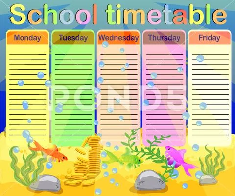 School timetable with marine themes, table, underwater world: Royalty ...