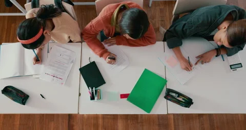 School, top view and students writing in... | Stock Video | Pond5