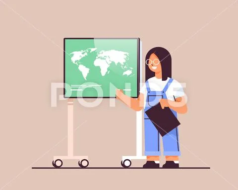 Schoolgirl presenting world map on digital board presentation education ...