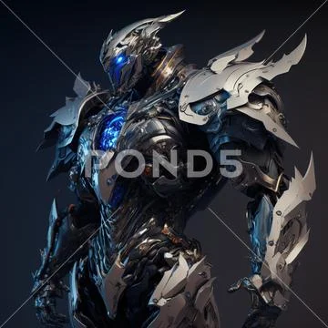 Sci-fi mech warrior in fighting position. Mech in defensive pose ...