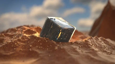 Sci-fi technology cube on land 3D render... | Stock Video | Pond5
