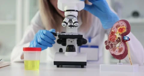 Scientist studying kidney model and urin... | Stock Video | Pond5