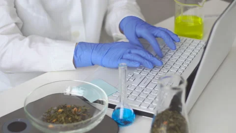 Scientist typing on laptop computer keyb... | Stock Video | Pond5