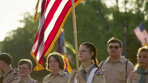 Scouts marching in parade with American ... | Stock Video | Pond5