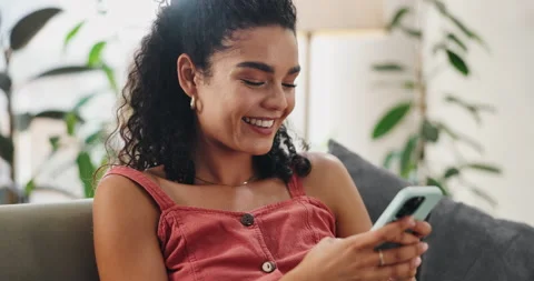 Scroll, phone and woman in home laugh at... | Stock Video | Pond5