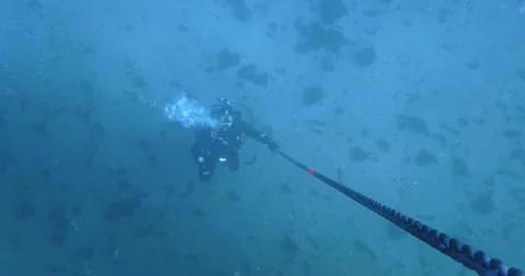 Scuba diver looking up from anchor chain | Stock Video | Pond5