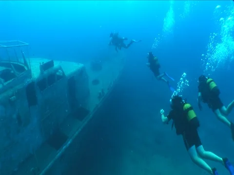 scuba divers exploring the ship wreck un... | Stock Video | Pond5