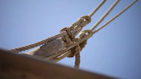 Sea ropes on the deck of an old wooden s... | Stock Video | Pond5