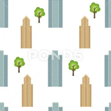 Seamless city background with modern houses and green trees ...
