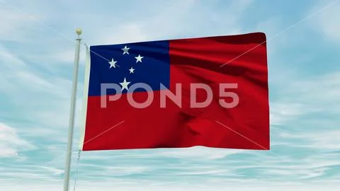 Seamless loop animation of the Samoa flag on a blue sky background. 3D ...