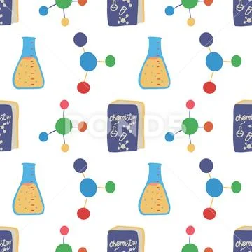 Seamless pattern with chemistry triangle flask, molecule structure and ...