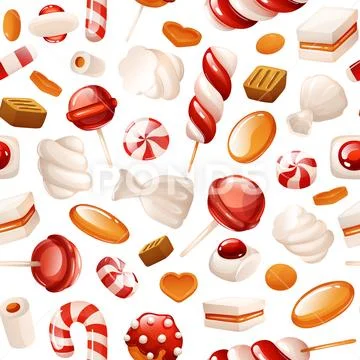 Seamless pattern with different types of candies: Graphic #119681377