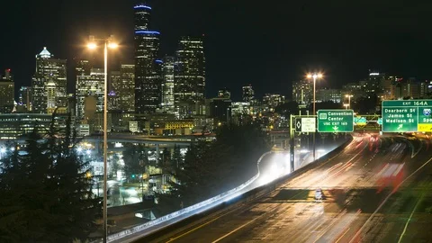 Seattle freeway at night with moving car... | Stock Video | Pond5