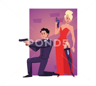 Secret agents characters aiming from a gun, flat vector illustration ...