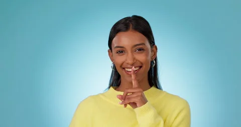 Secret, face and woman with finger on li... | Stock Video | Pond5