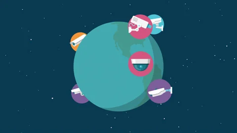 Security Cameras around turning globe 8K... | Stock Video | Pond5