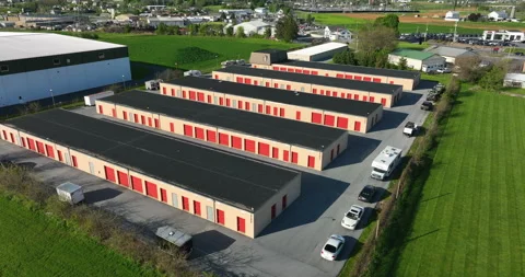 Self storage rental unit building. Aeria... | Stock Video | Pond5