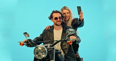 Selfie, blue background and couple on mo... | Stock Video | Pond5