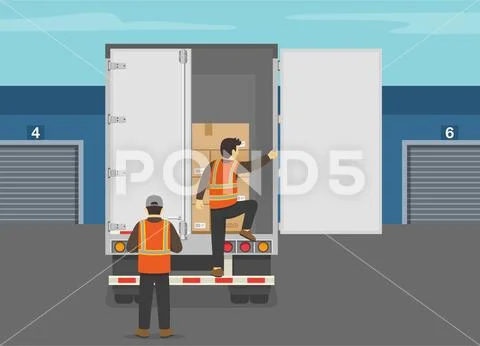 Semi-trailer loaded with cardboard boxes. Unloading process at ...