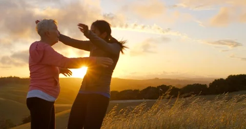 Senior woman hugging her daughter at sun... | Stock Video | Pond5