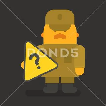 Sergeant with red mustache holding question mark. Vector character ...