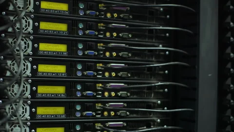 Server rack with cables attached to pane... | Stock Video | Pond5