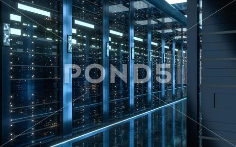 Server racks in computer network security server room data center, 3d ...
