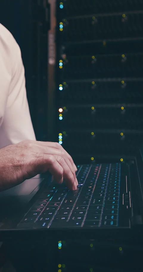 Server room, hand and laptop typing with... | Stock Video | Pond5