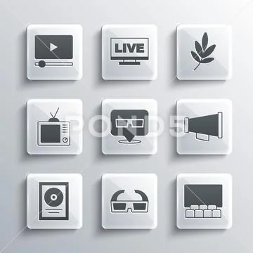 Set 3D cinema glasses, Cinema auditorium with screen, Megaphone, CD ...