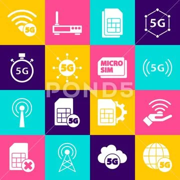 Set 5G network, Sim card, Digital speed meter, and Micro Card icon ...