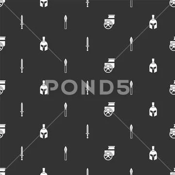 Set Ancient chariot, Greek helmet, Medieval sword and spear on seamless ...