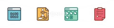 Set Binary code, Flowchart, Browser files and Clipboard with checklist icon ~ Clip Art #155239071