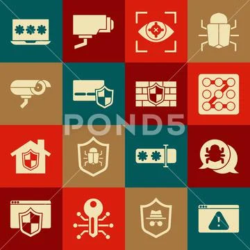 Set Browser with exclamation mark, System bug, Graphic password protection, Eye Illustration ...