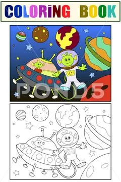 Set children coloring book and color, alien on mars. Space world ...