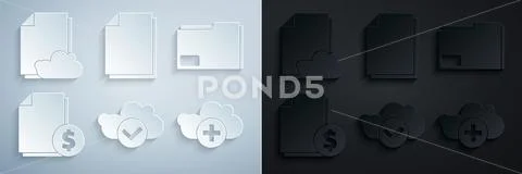 Set Cloud with check mark, Document folder, Finance document, Add cloud, and: Royalty Free ...