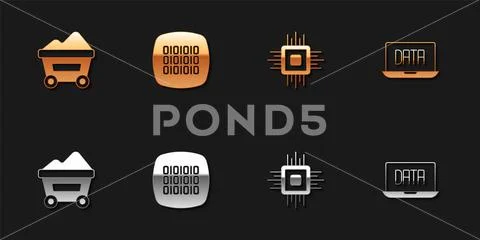 Set Coal mine trolley, Binary code, Processor CPU and Data analysis icon. Vector Illustration ...